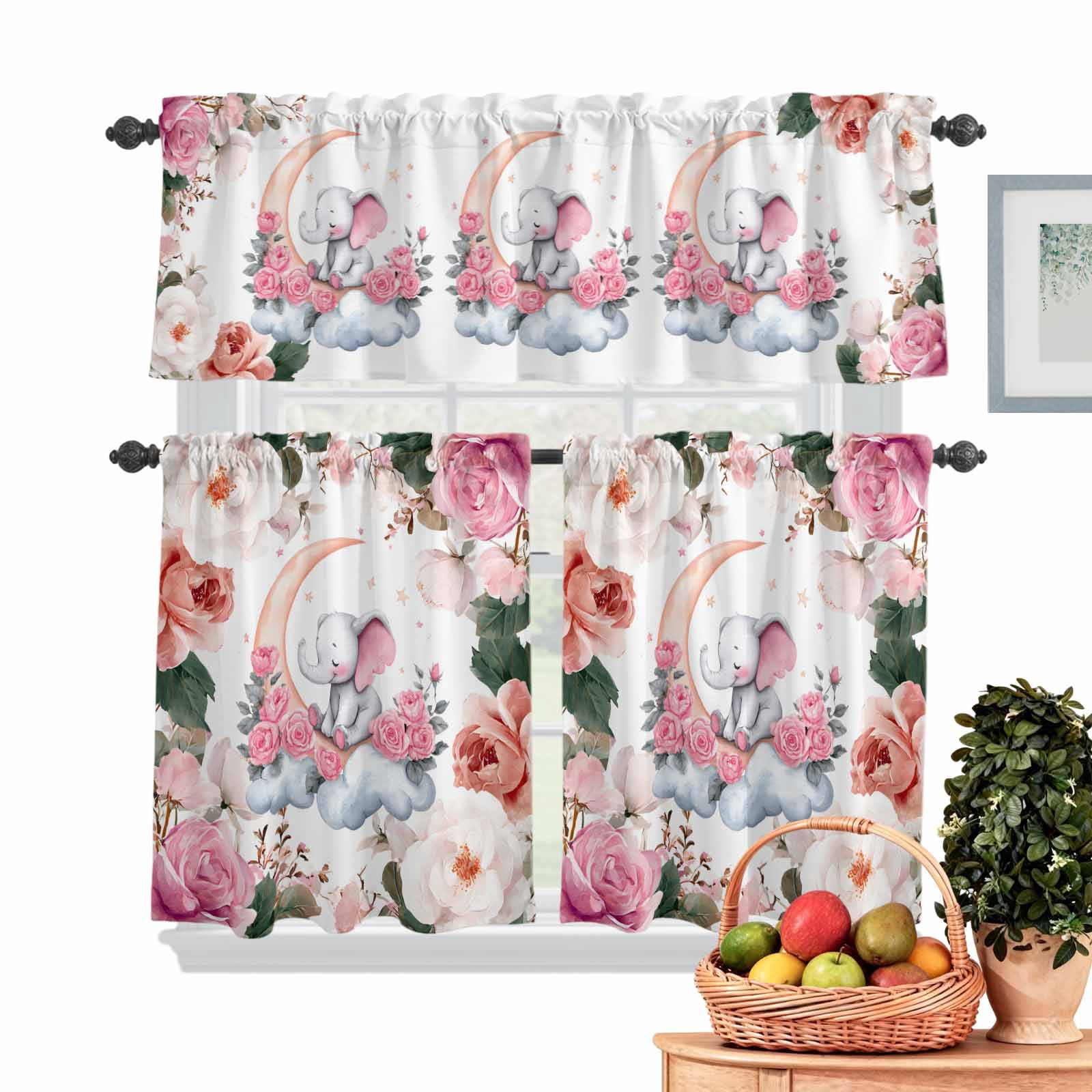 Cute Elephant Kitchen Curtains Valances 3 Piece Set, Spring Pink ...
