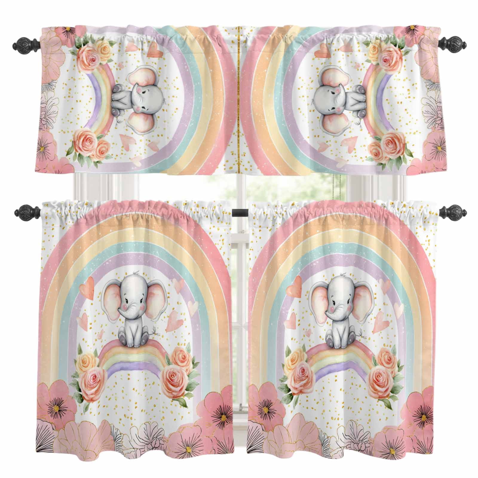 Cute Elephant Kitchen Curtains Valances and Tiers 3pcs Spring Pink ...