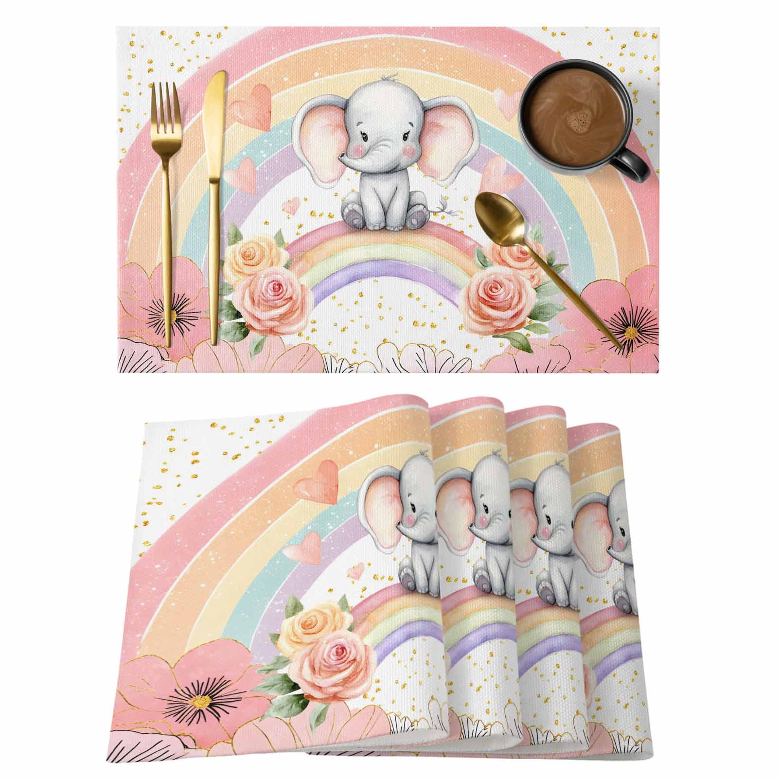 Cute Elephant Placemats Set of 8, Spring Pink Flower Love Rainbow ...
