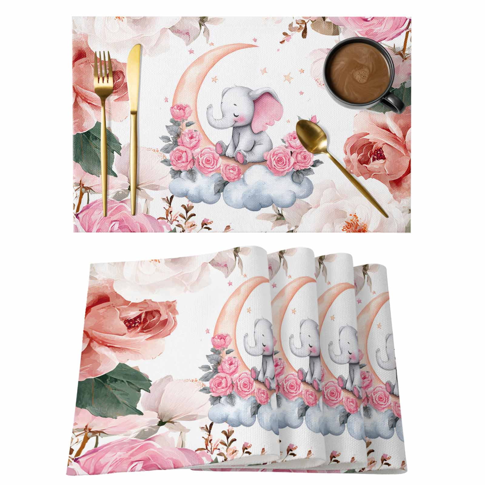 Cute Elephant Placemats Set of 8, Spring Pink Watercolor Floral Moon ...