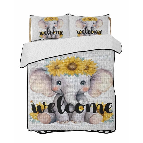 Cute Elephant Quilts Bedding Set Twin Size Welcome Words Animal Flower ...