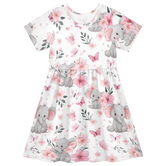 Cute Elephant Short Sleeve Dress A-Line Cute Midi Casual Sundress 2-8 ...