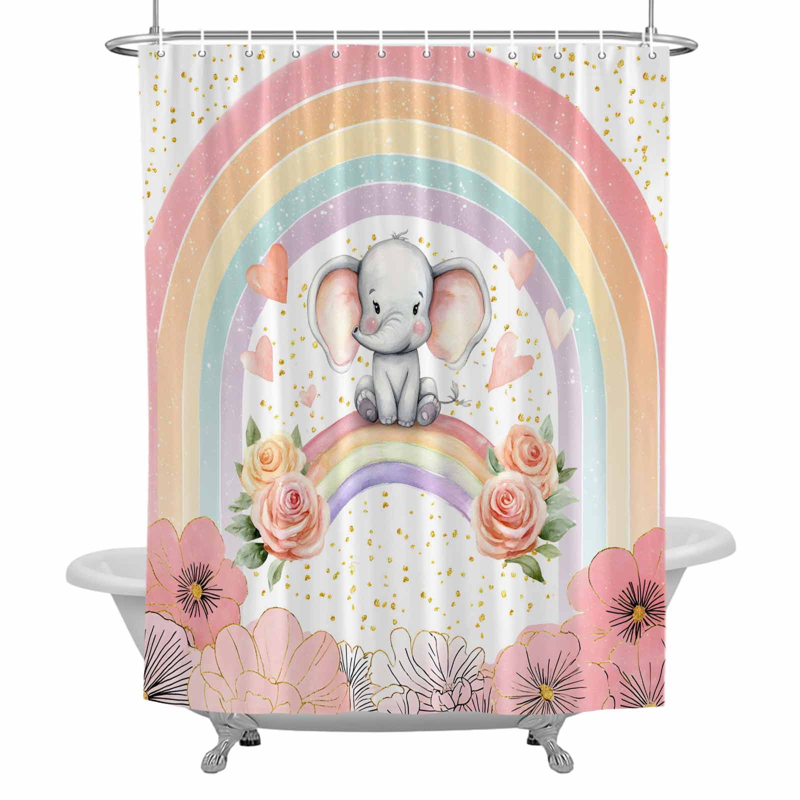 Cute Elephant Shower Curtain for Bathroom, Spring Pink Flower Love ...