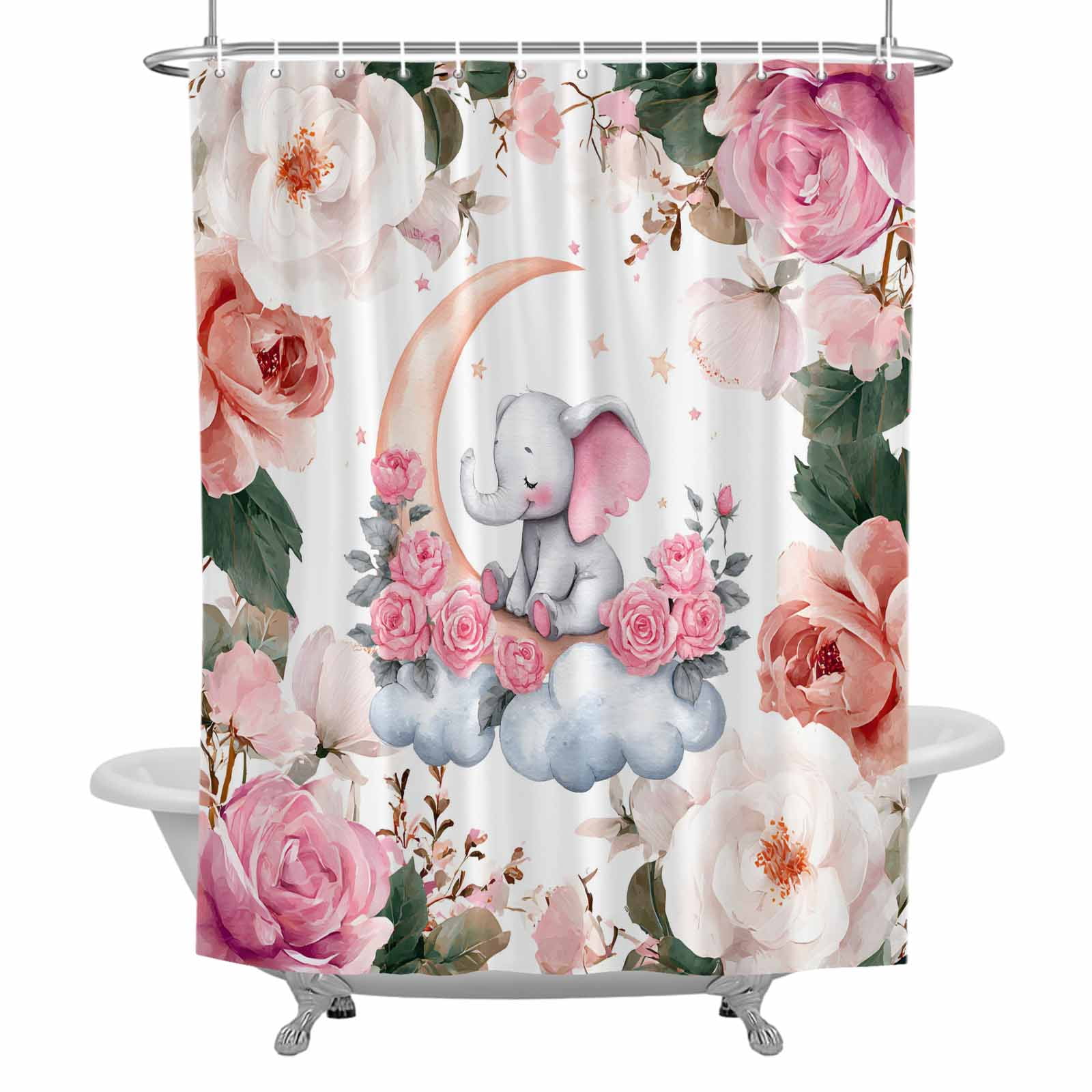 Cute Elephant Shower Curtain for Bathroom, Spring Pink Watercolor ...