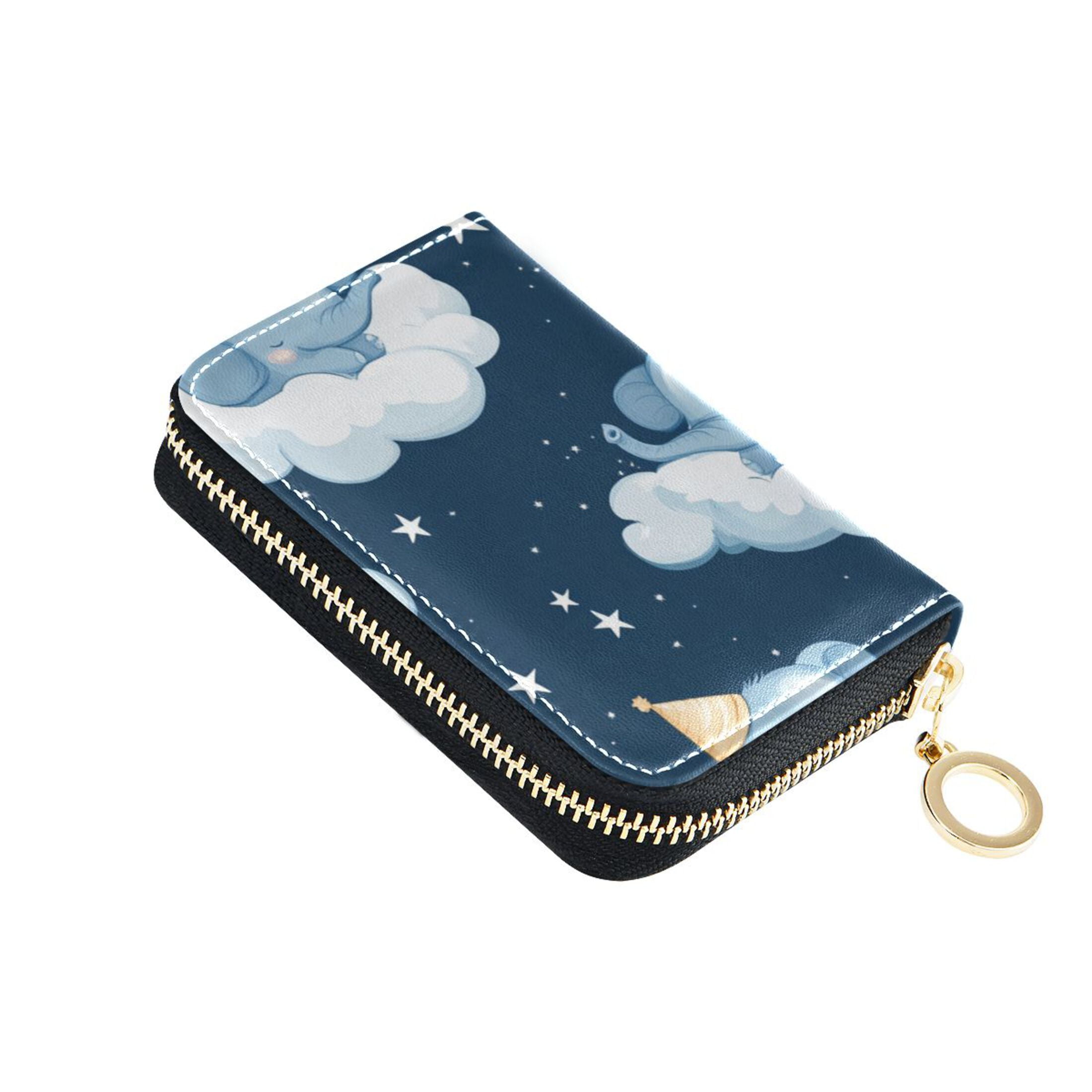 Cute Elephant Sleeping on Clouds Women's Credit Card Holder PU Leather ...