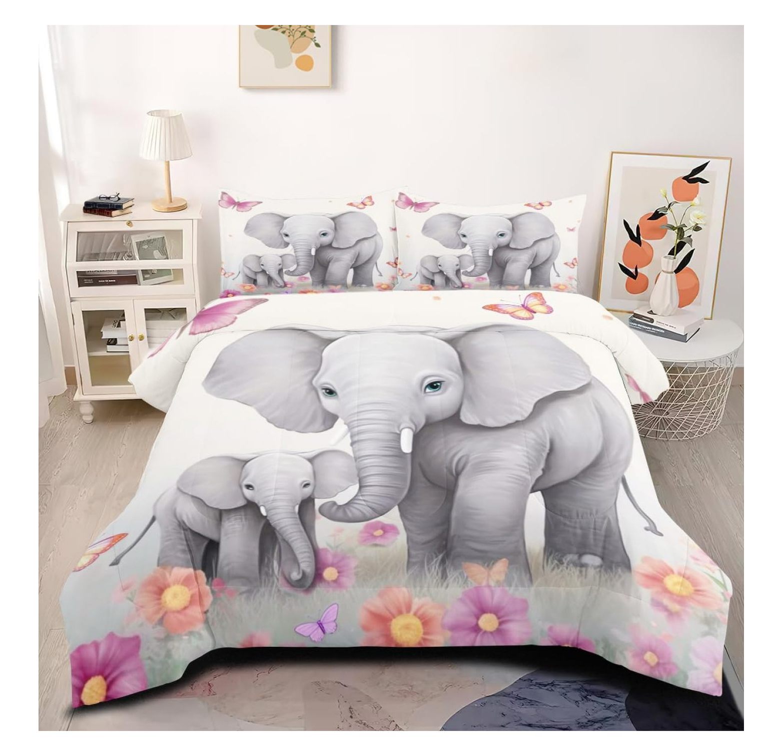 Cute Elephant Teen Comforter Set Kawaii Elephants Full Bedding Floral ...