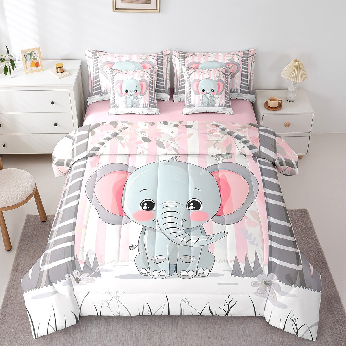 Cute Elephant Twin Bed in a Bag 7 Piece Kawaii Cartoon Elephant Bedding ...