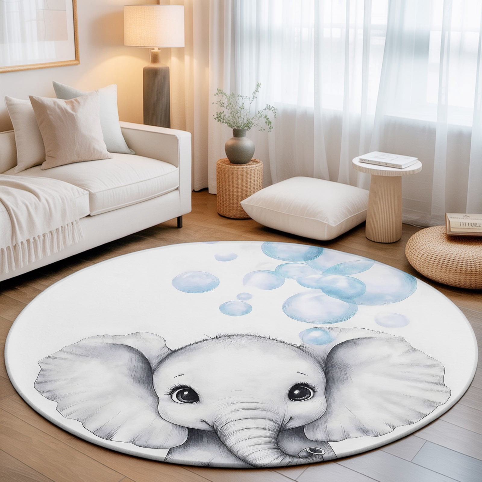 Cute Elephant Washable Round Area Rug 8 ft, Blue Watercolor Bubbles ...