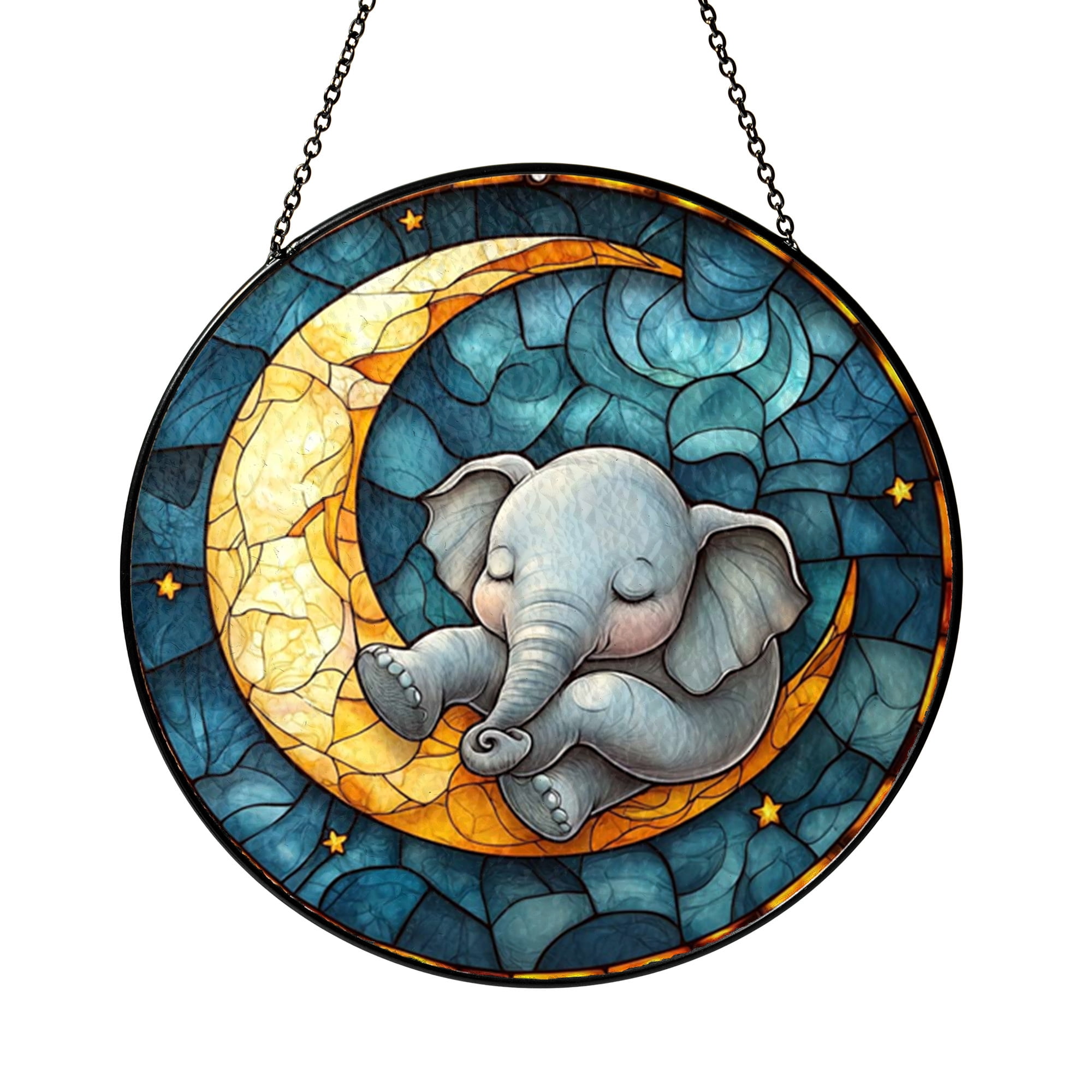 Cute Elephant and Moon Faux Stained Glass Style Window Suncatcher2001 ...