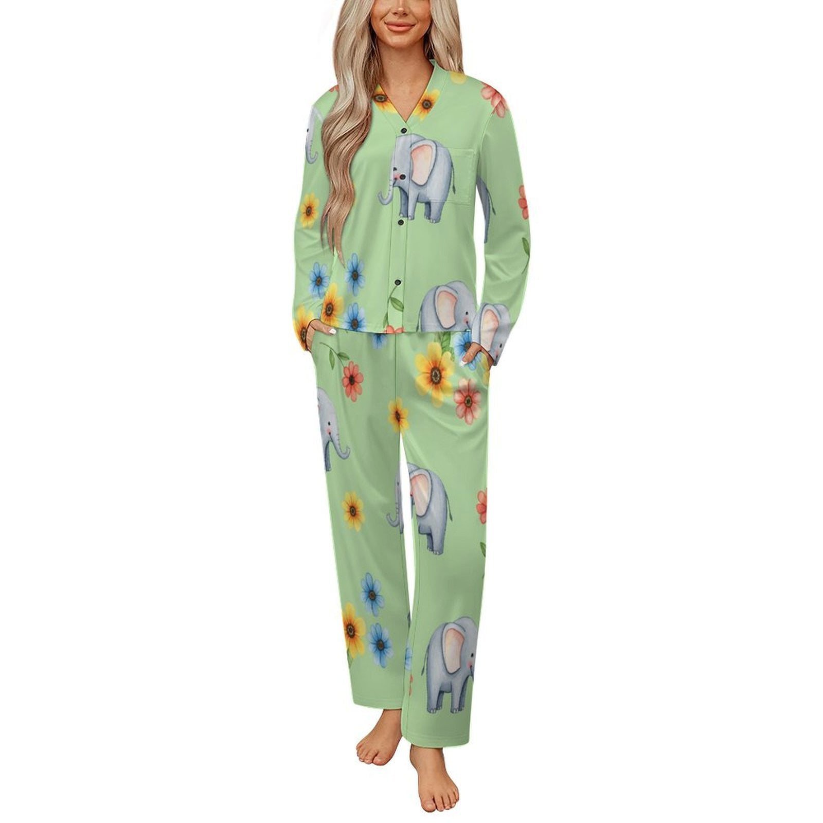 Cute Elephants Floral Pastel Pattern Womens Pyjamas Set Button Up ...