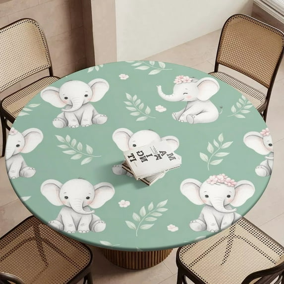 Cute Elephants Green Background Pattern Round Table Cover Kitchen ...