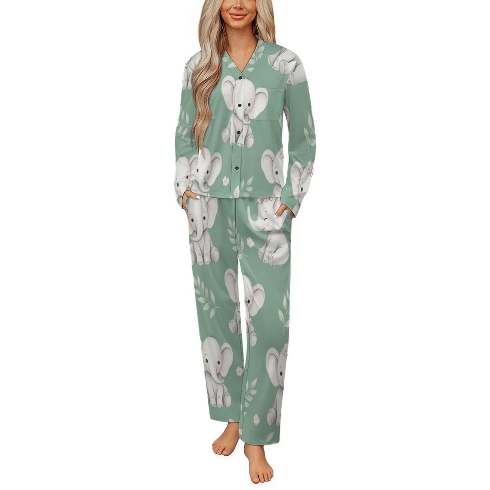 Cute Elephants Green Background Pattern Womens Pyjamas Set Button Up ...