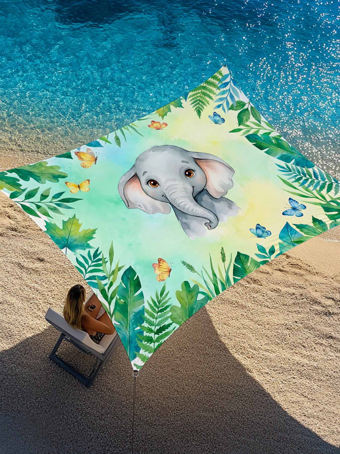 Cute Elephants Sun Shade Sail 6.5' x 10', Green Leaf Blue Butterfly ...