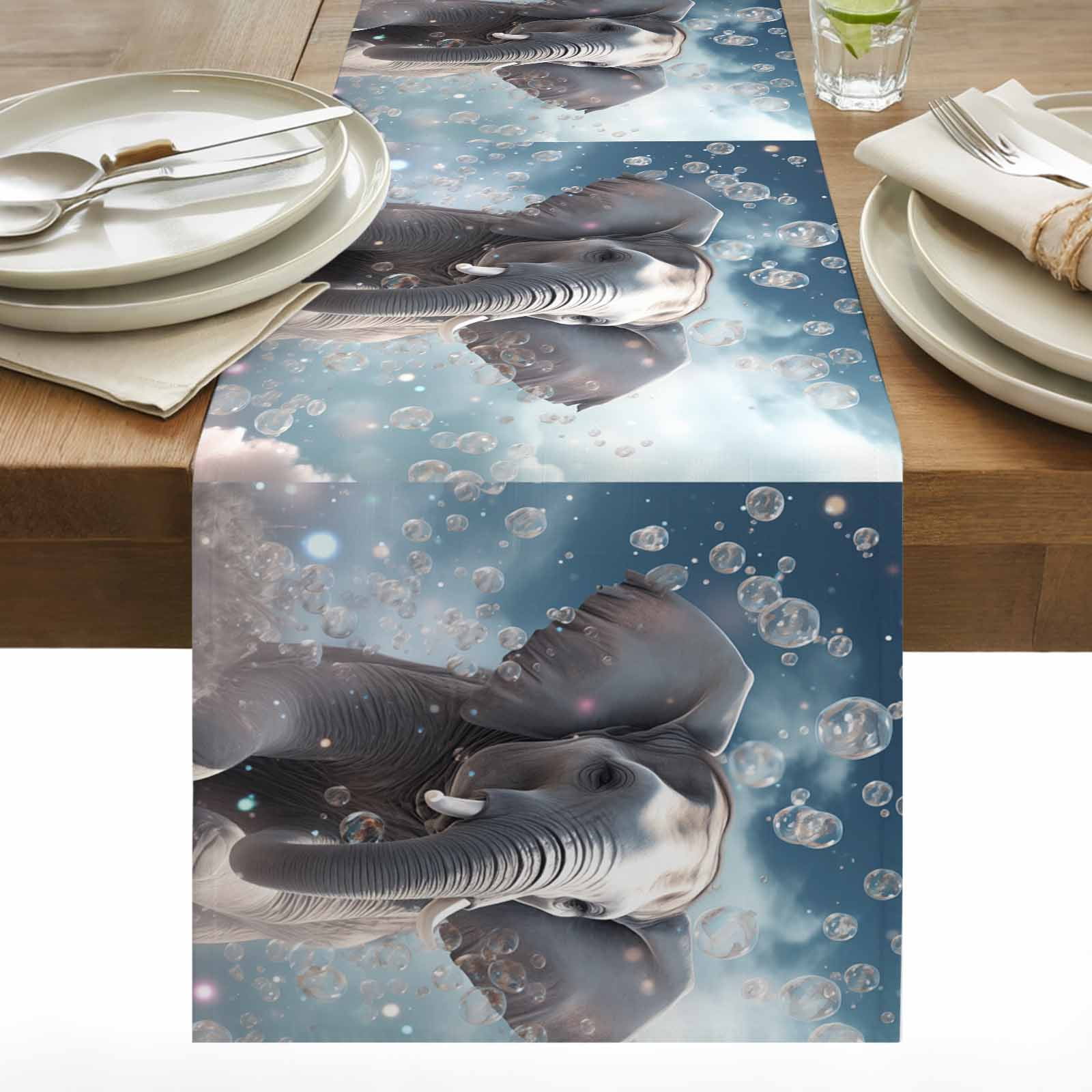 Cute Elephants Table Runner 13x120 inch Fantasy Cotton Linen Dining ...