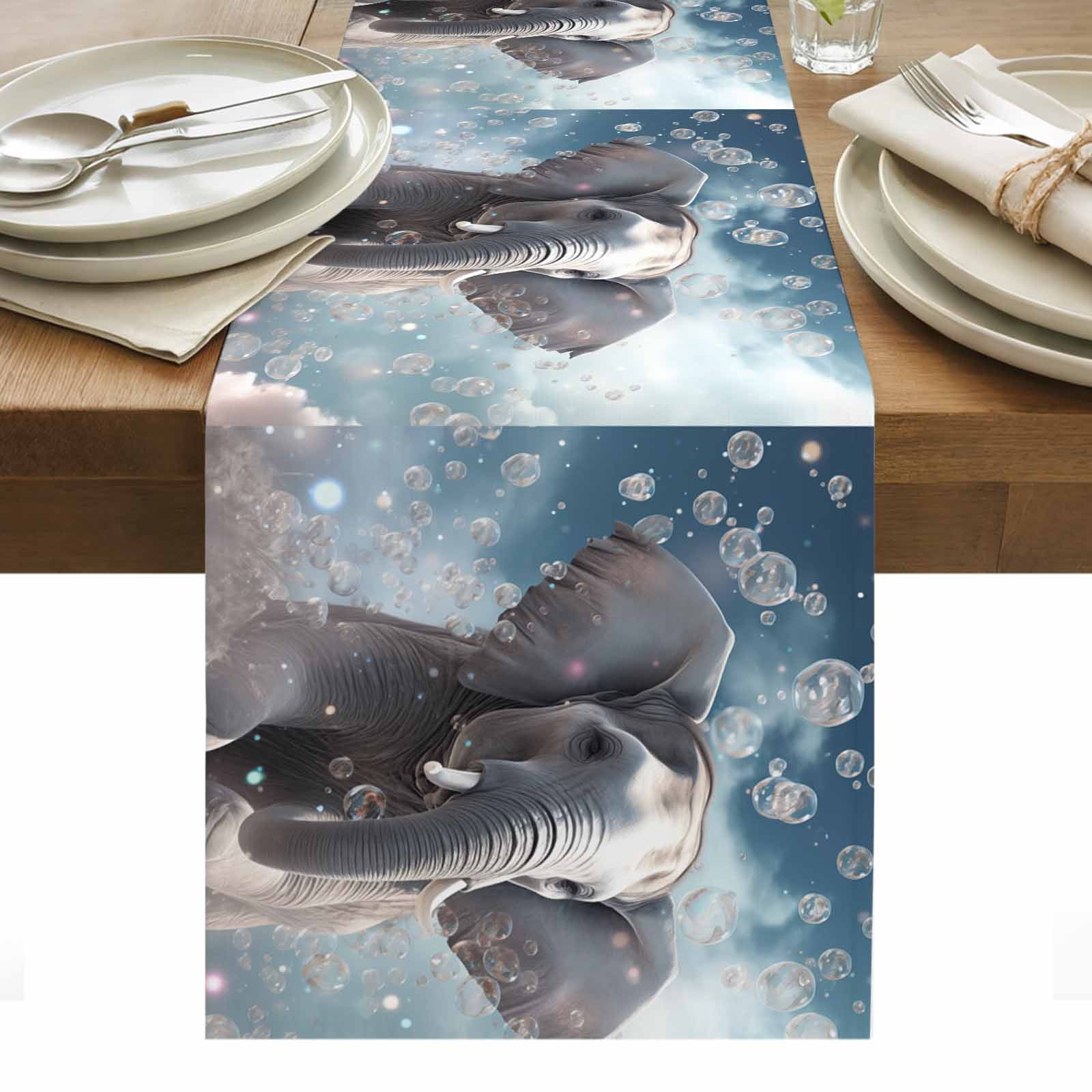 Cute Elephants Table Runner 14 x 72 Inch, Fantasy Washable Cotton Linen ...