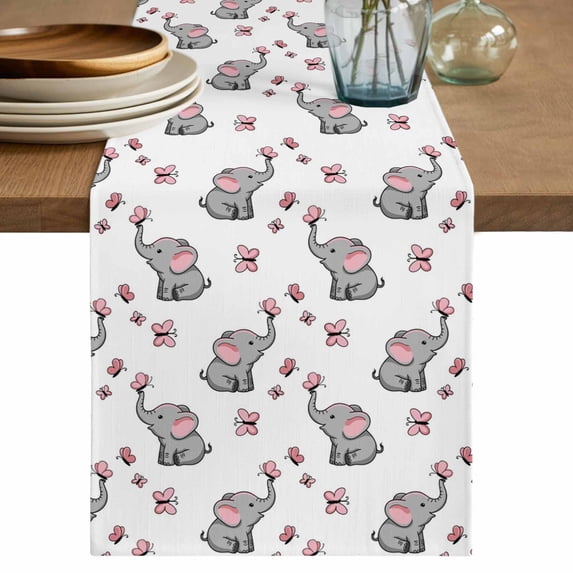 Cute Elephants Table Runner 60 Inches, Cartoon Funny Butterflies Pink ...