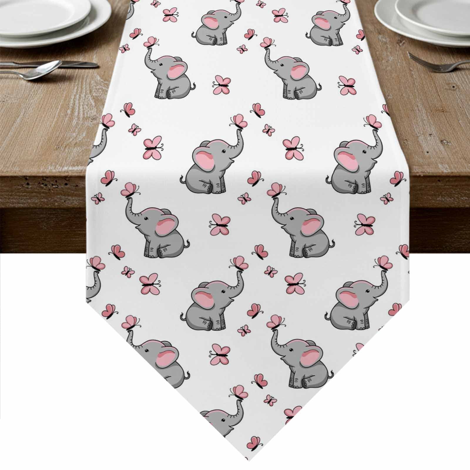 Cute Elephants Table Runner Linen Burlap Table Runner 72 Inches Long ...