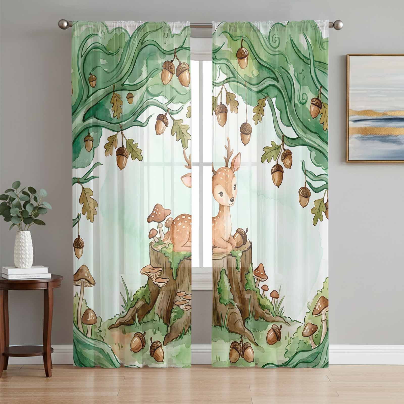 Cute Elk Forest Sheer Curtains for Living Room Bedroom Green Trees Cone ...