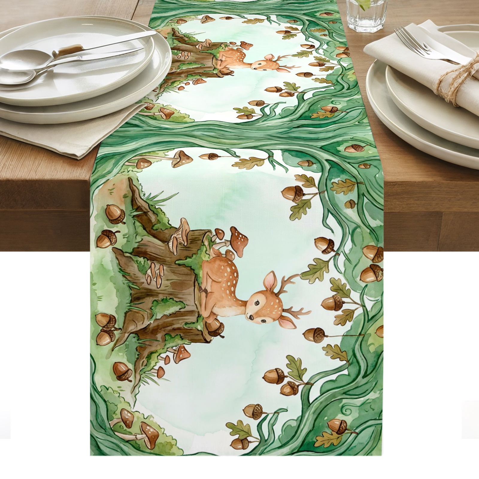 Cute Elk Forest Table Runner Green Trees Cone Leaves Mushroom ...