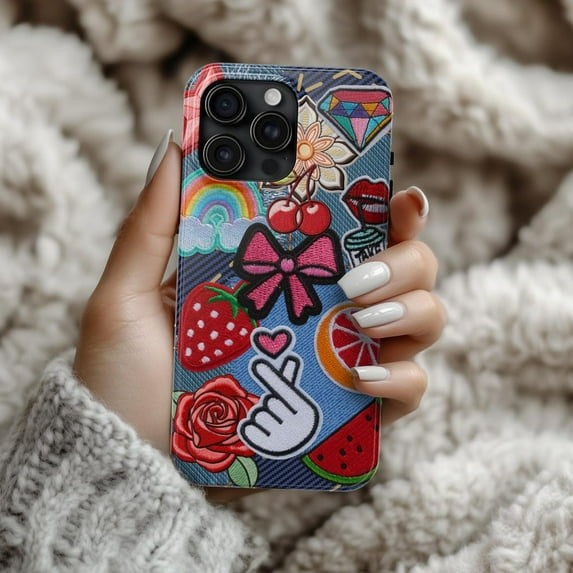 Cute Embroidered Patch Kawaii Denim Print Collage Phone Case for 17 16 ...