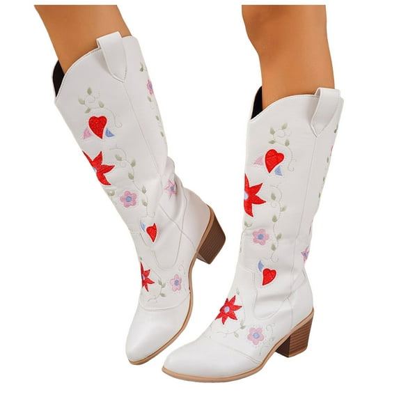 Cute Embroidery Cowboy Boots for Women Chunky Stacked Heel Pointy Toe ...