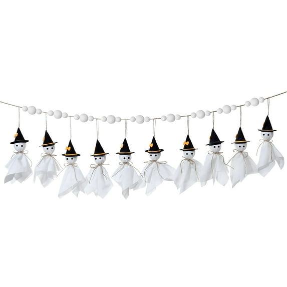 Cute Fabric Witch Hat Ghost Banner with Wooden Beads, Halloween Rustic Hanging Garlands for Room ...
