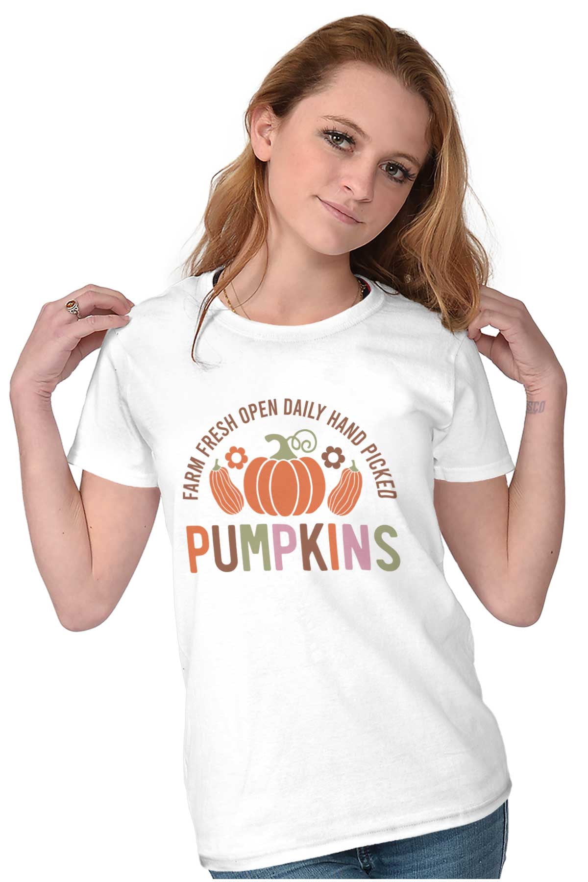 Cute Fall Autumn Farm Fresh Pumpkins Womens Slim Fit Graphic Tee Brisco ...
