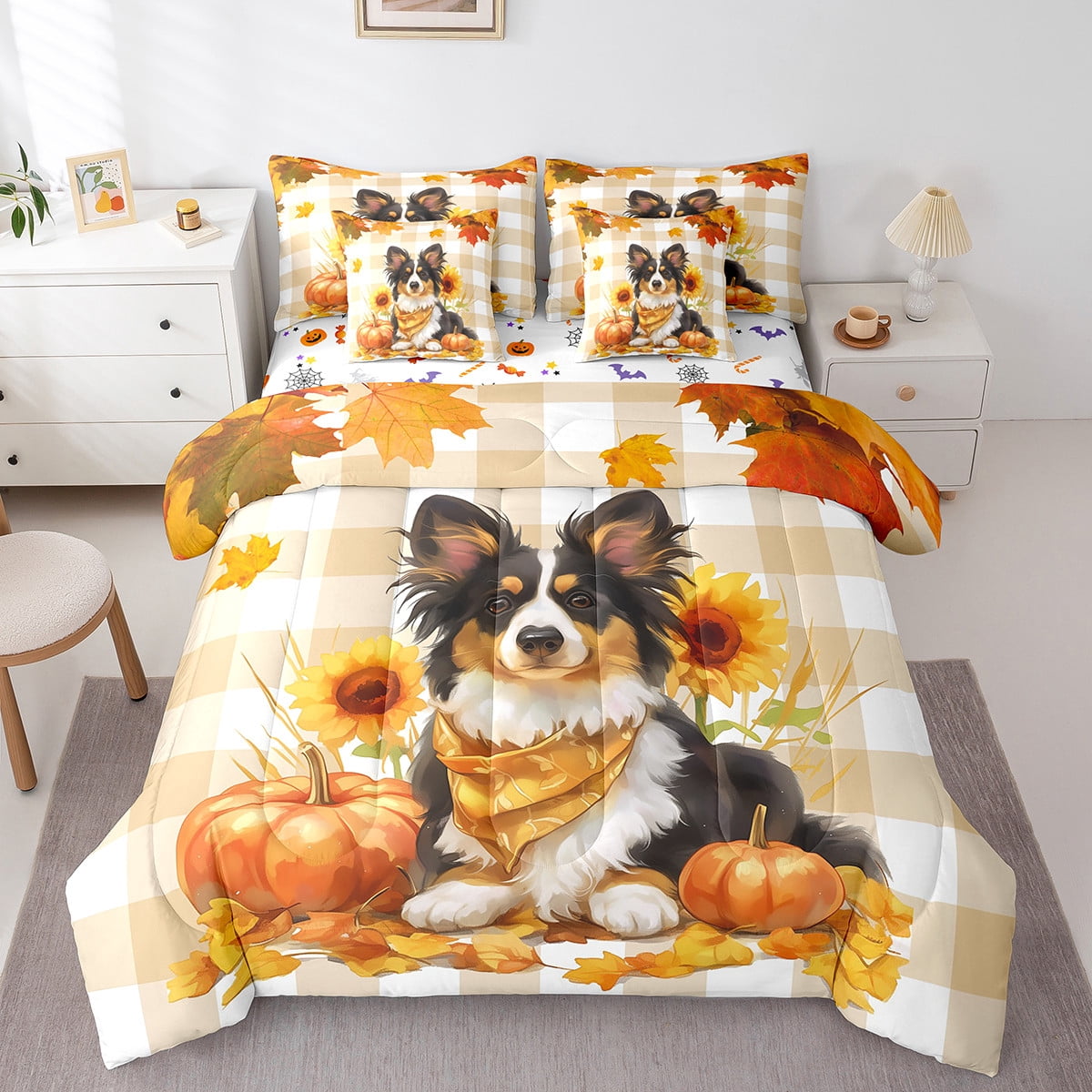 Cute Fall Corgi Full Comforter Set 7 Piece,Autumn Maple Leaves ...