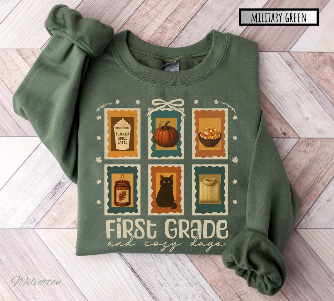 Cute Fall First Grade Teacher Sweatshirt, Retro Teacher Shirt, Autumn ...