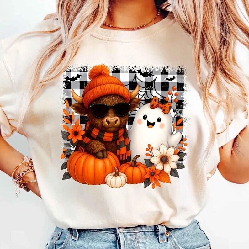 Cute Fall Highland Cow Ghost Shirt, Spooky Season Autumn Cow Shirt ...
