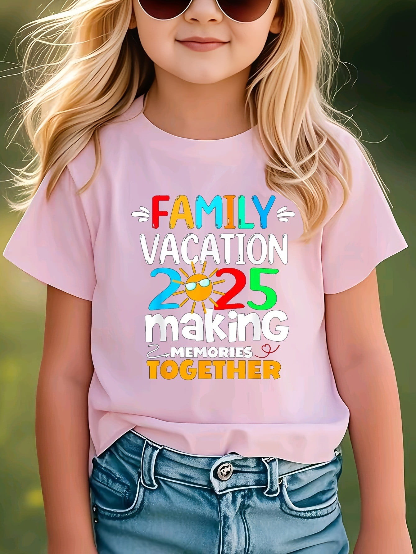 Cute "Family Vacation 2025" Cartoon Sun Letter Print T-Shirt | Casual ...
