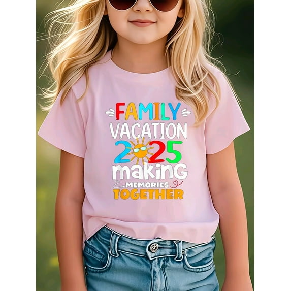 Cute "Family Vacation 2025" Cartoon Sun Letter Print T-Shirt | Casual ...