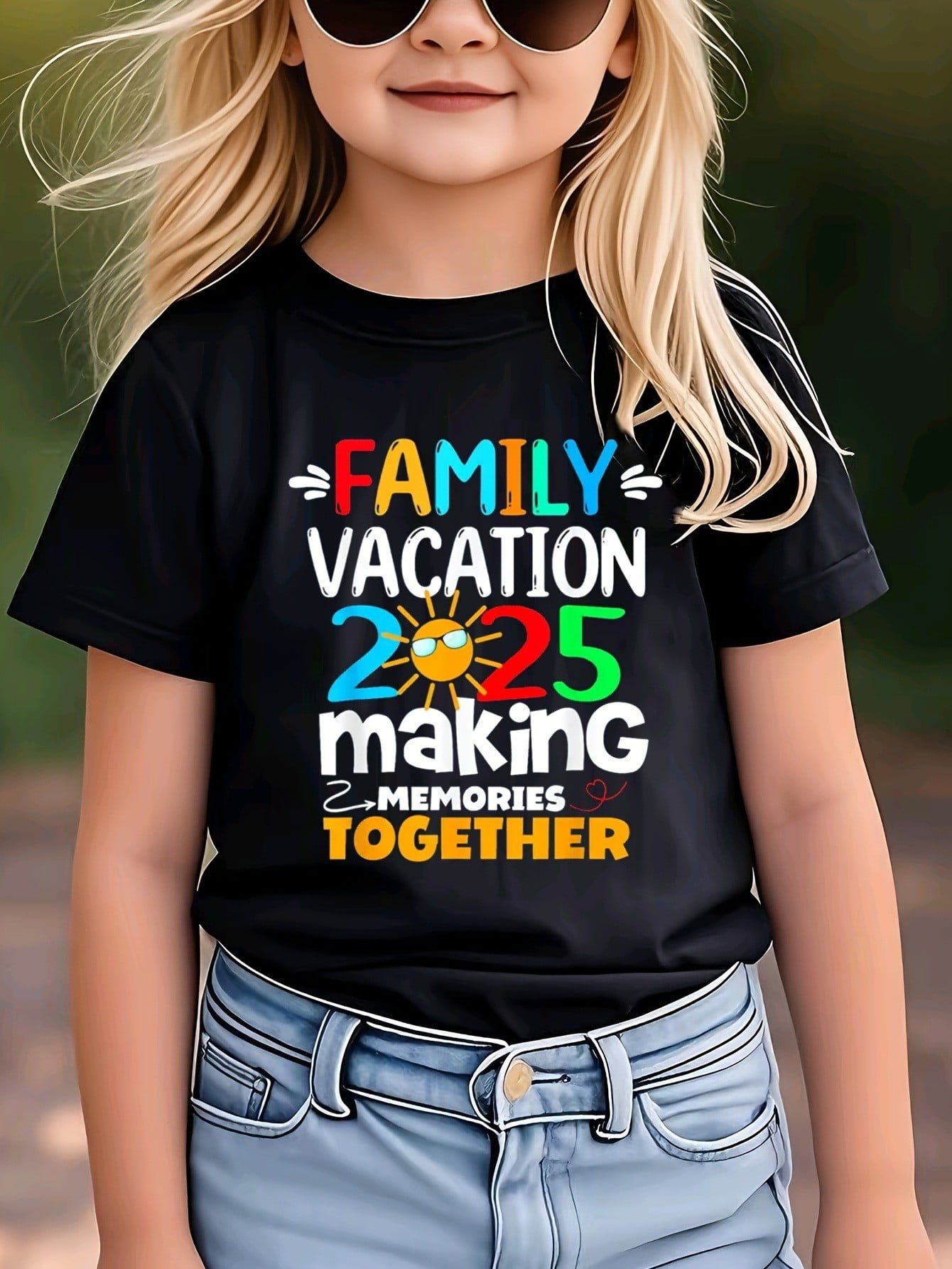 Cute "Family Vacation 2025" Cartoon Sun Letter Print T-Shirt | Casual ...