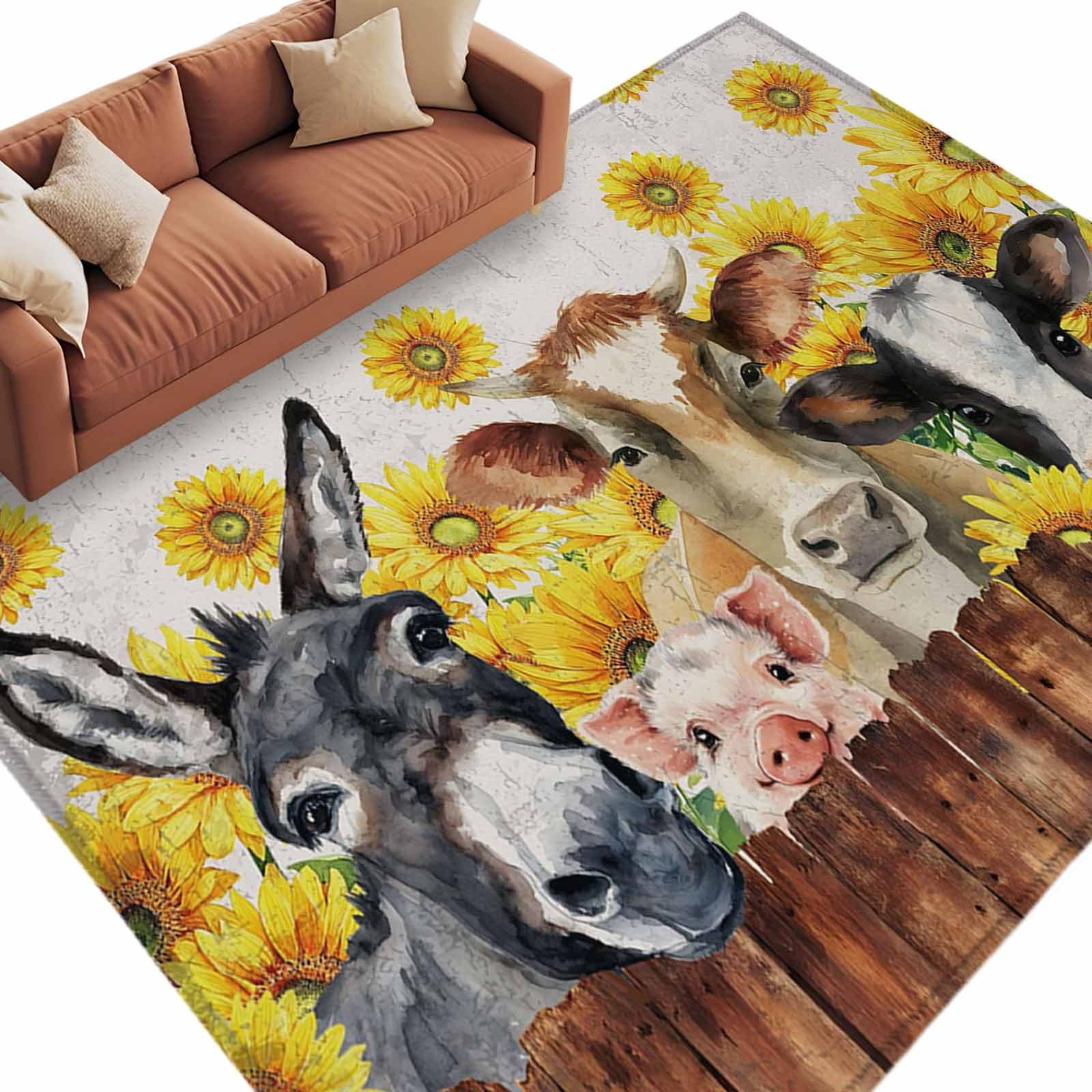 Cute Farm Animals Area Rugs Collection 5'x8', Farmhouse Cow Pig ...