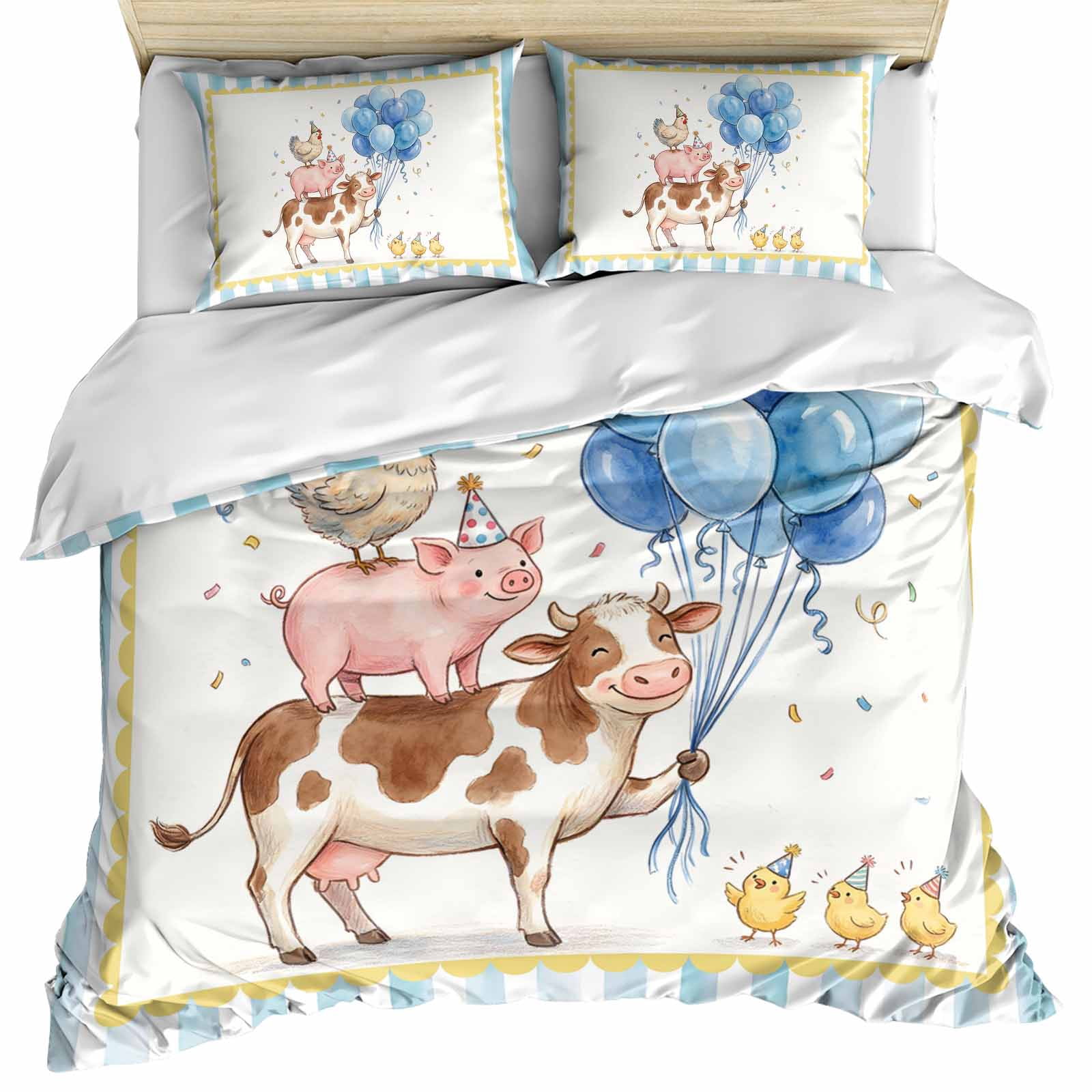 Cute Farm Animals Bedding 3 Piece Duvet Cover Set Queen Size, Cow Pig ...