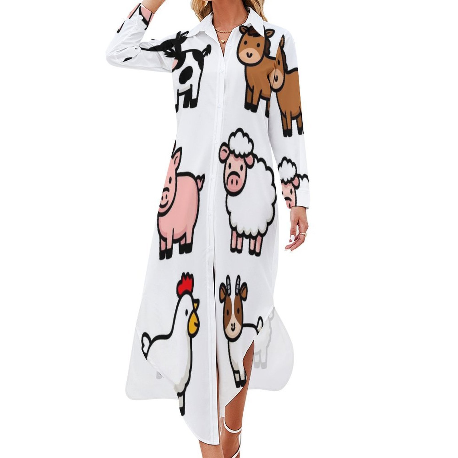 Cute Farm Animals Shirt Dress Long Sleeve Street Fashion V Neck ...