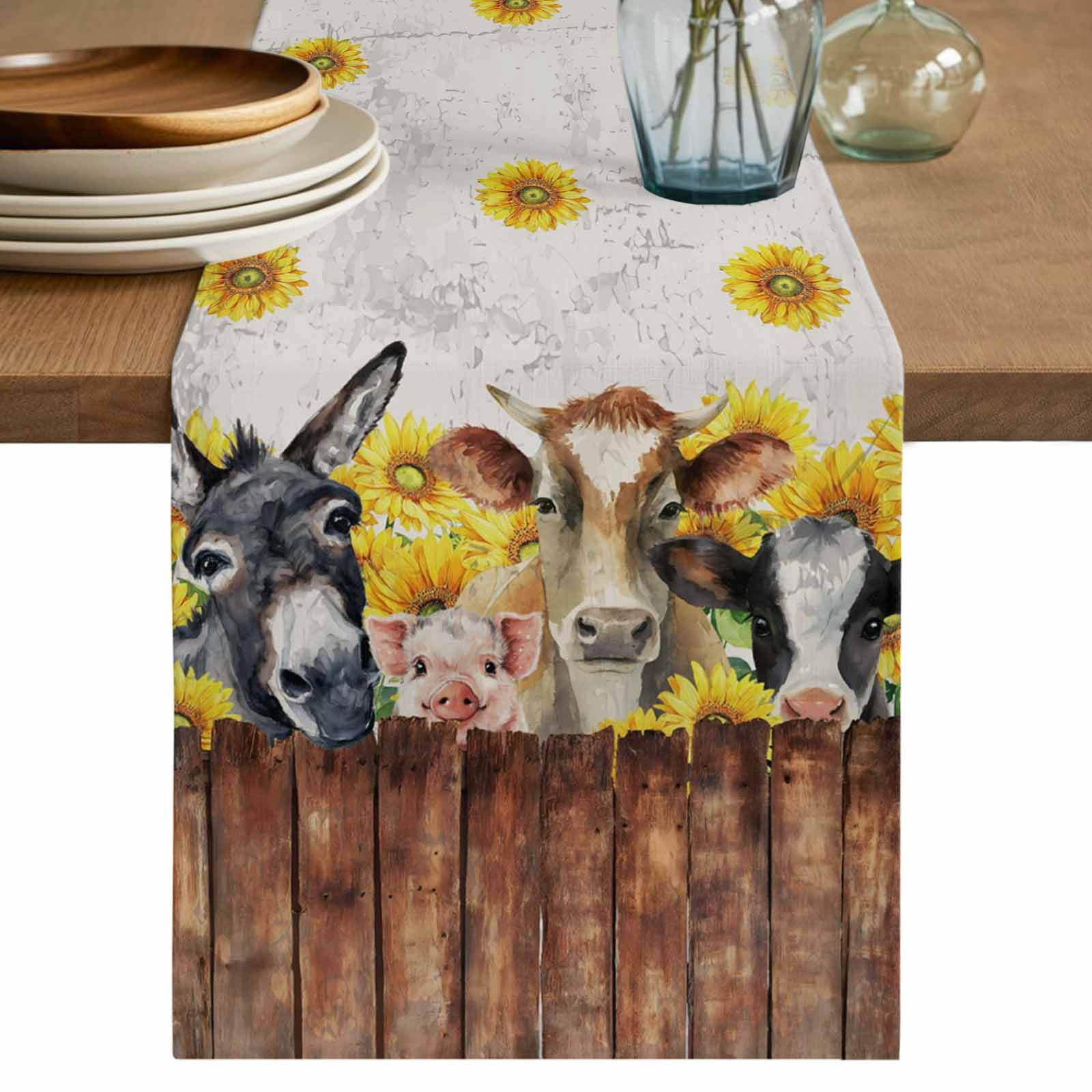 Cute Farm Animals Table Runner, Farmhouse Cow Pig Sunflowers Washable ...
