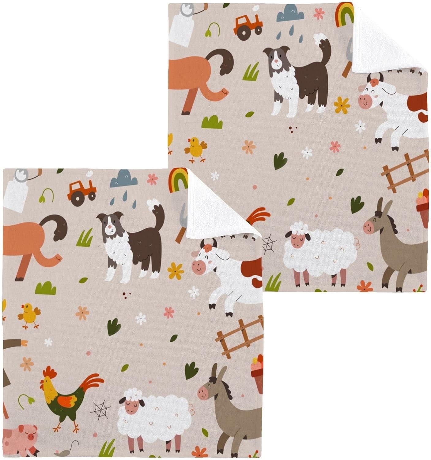 Cute Farm Animals Washcloth 12x12in Set, 2 Pack Absorbent Cotton Towel ...
