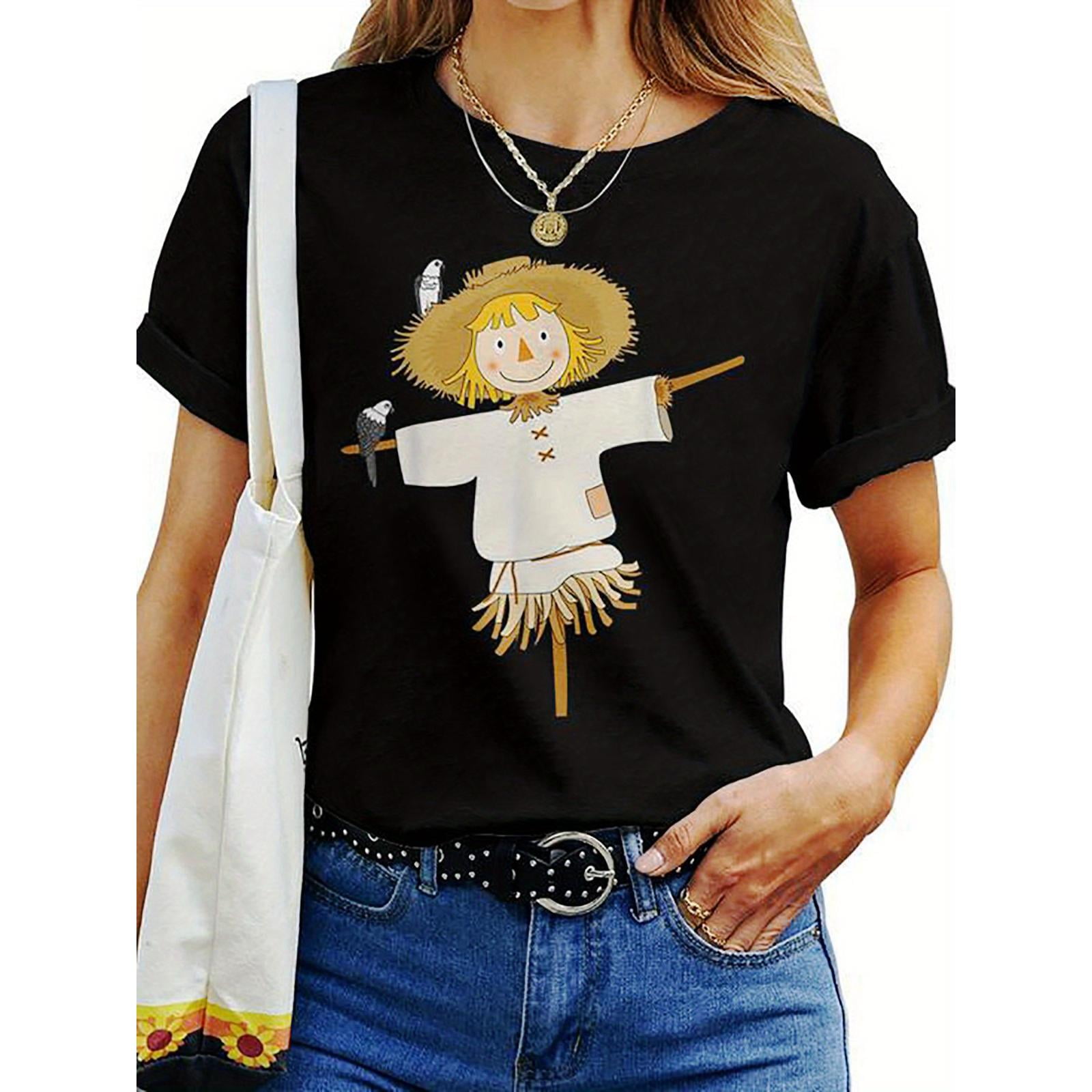 Cute Farm - Themed Graphic Tee, Black Short - Sleeved, Tops Has Scarecrow with Birds Design ...
