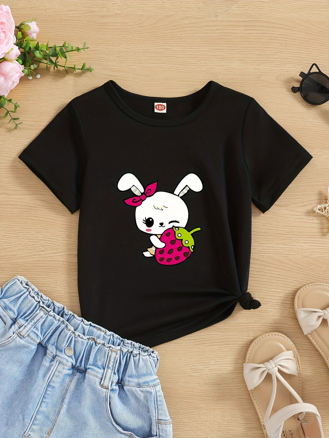 Cute Fashion Simple Strawberry Bunny print girls short-sleeved T-shirt ...