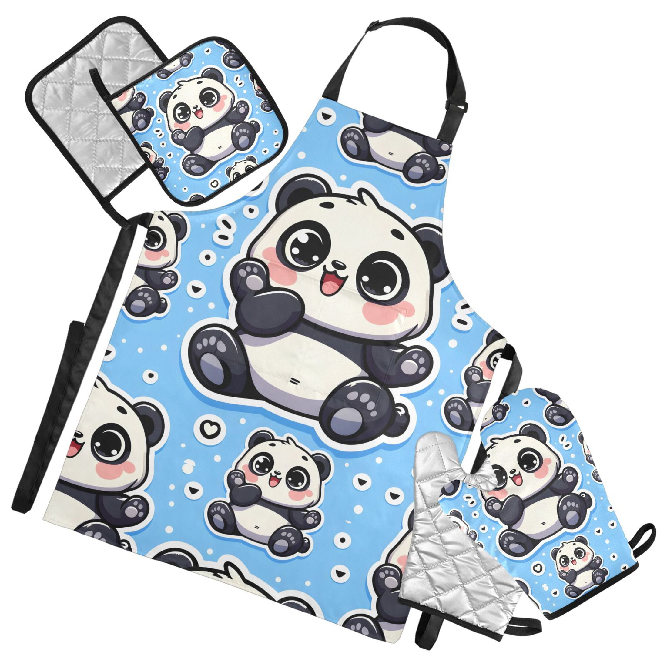 Cute Fat Chubby Panda 5 Pcs Kitchen Set Heat Resistant Oven Mitts and ...