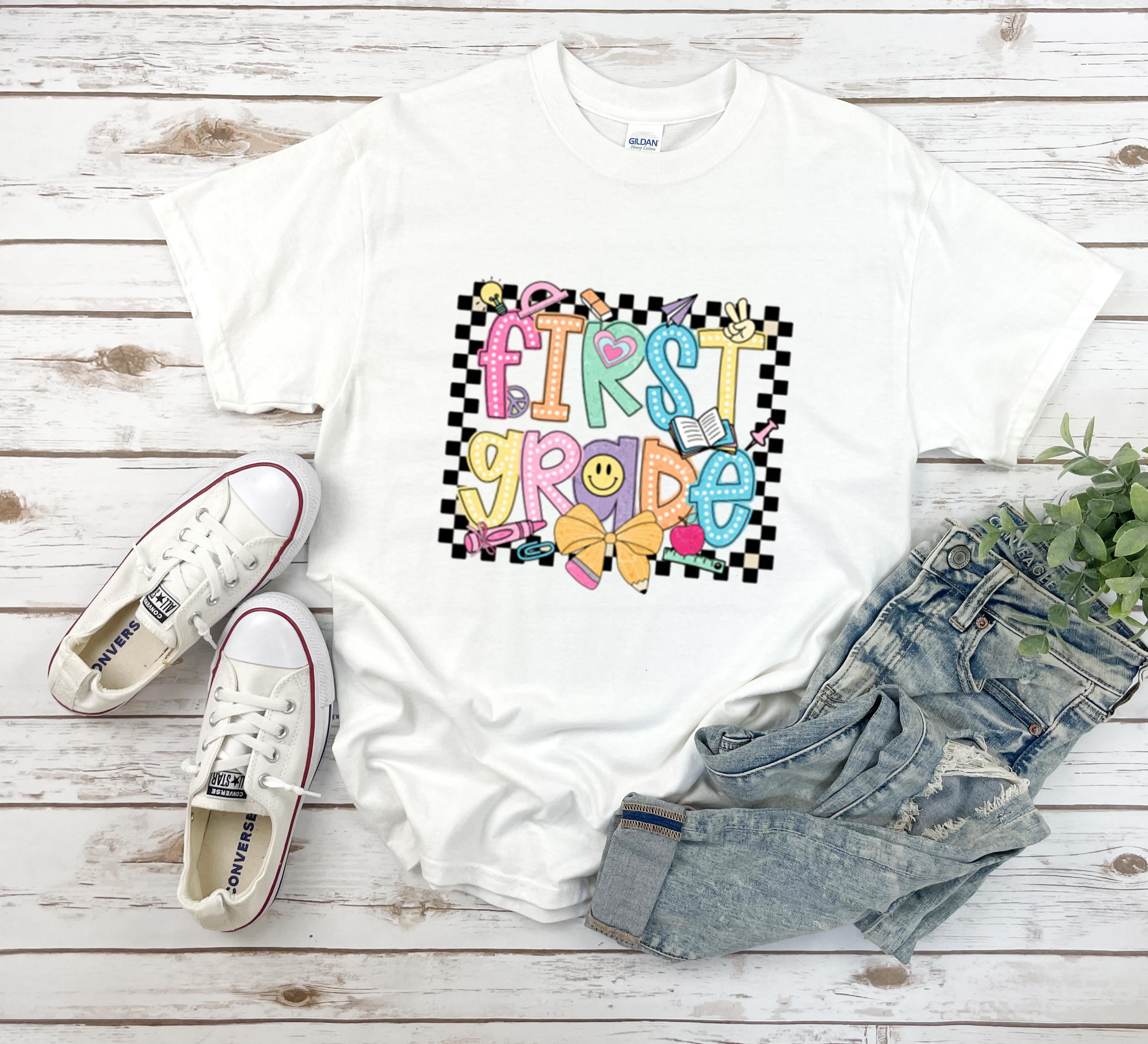 Cute First Grade Doodle Colorful Funny Back To School Gift Unisex T ...