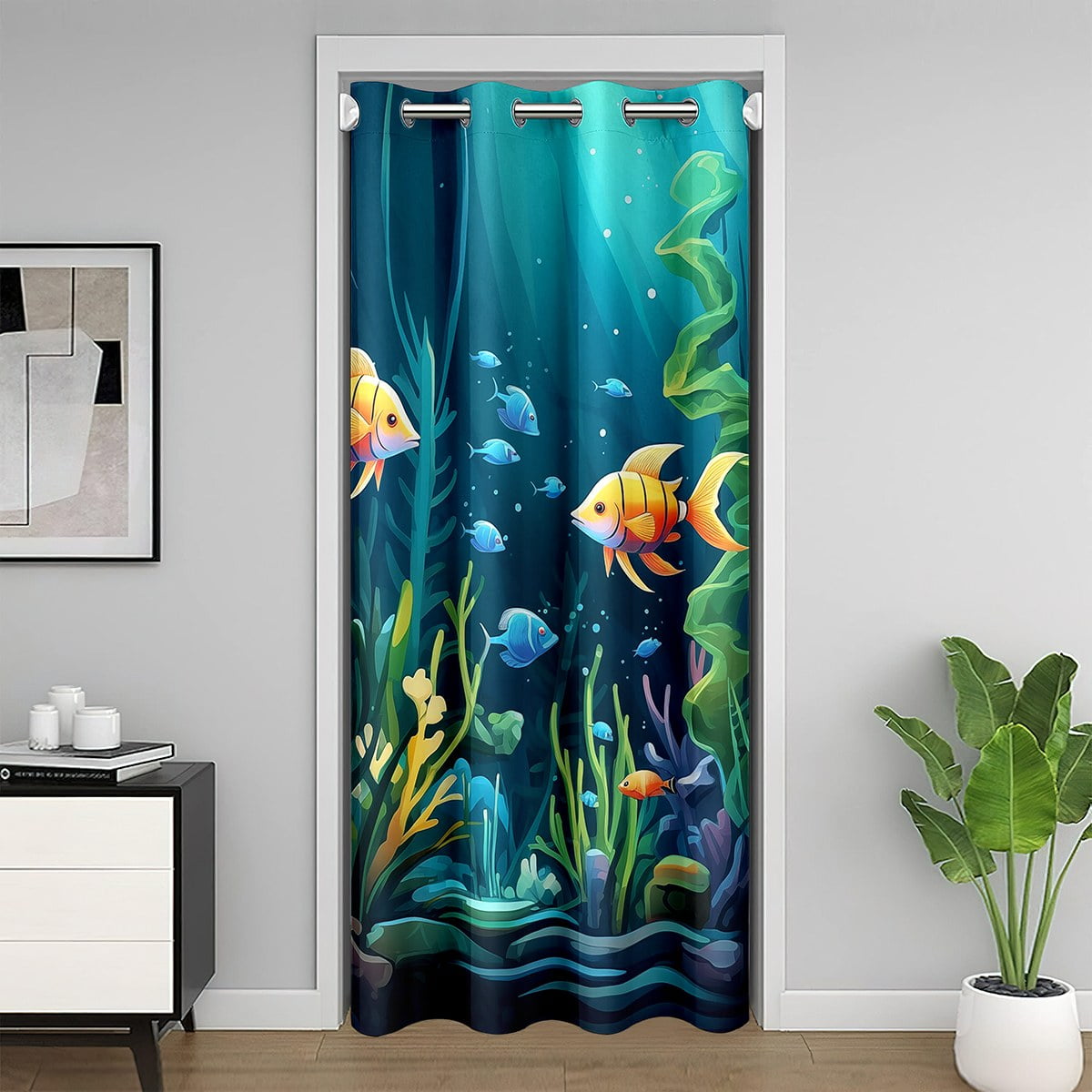 Cute Fish 34"W X 80"L Door Curtain For Doorway Privacy Yellow Ocean ...
