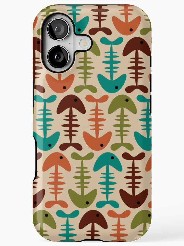 Cute Fish Bone Pattern Midcentury Art iPhone Case 11 12 13 14 15 16 17 ...