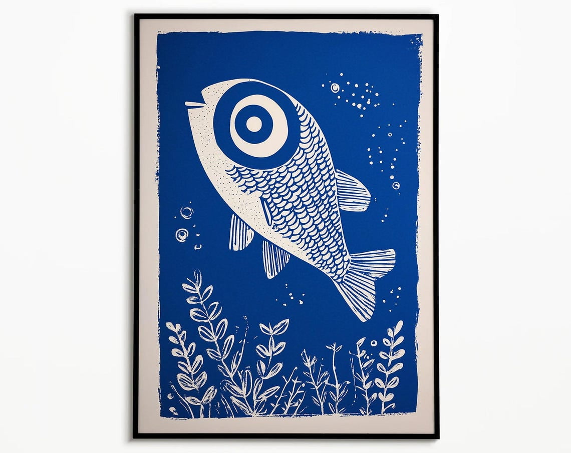 Cute Fish Print, Blue Nautical, Aesthetic Kitchen Decor, Vintage Style ...