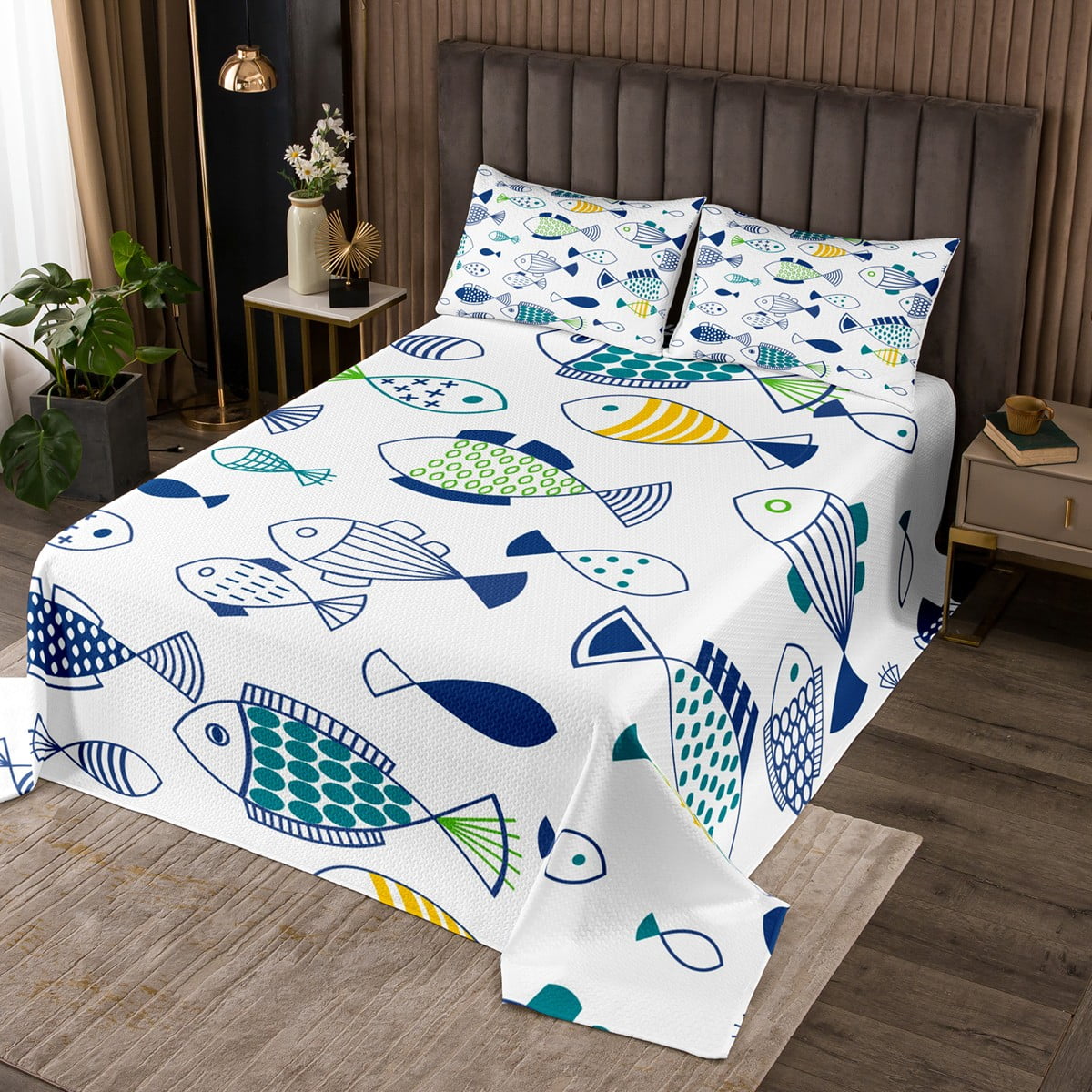 Cute Fish Quilt Set King, Abstract Geometry Bedspread Set, Modern ...