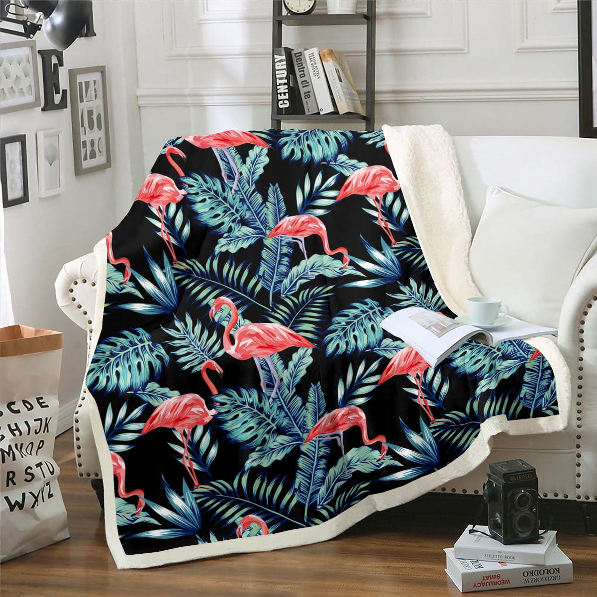 Cute Flamingo Blanket Flamingo Throw Blanket Green Palm Leaves Print ...