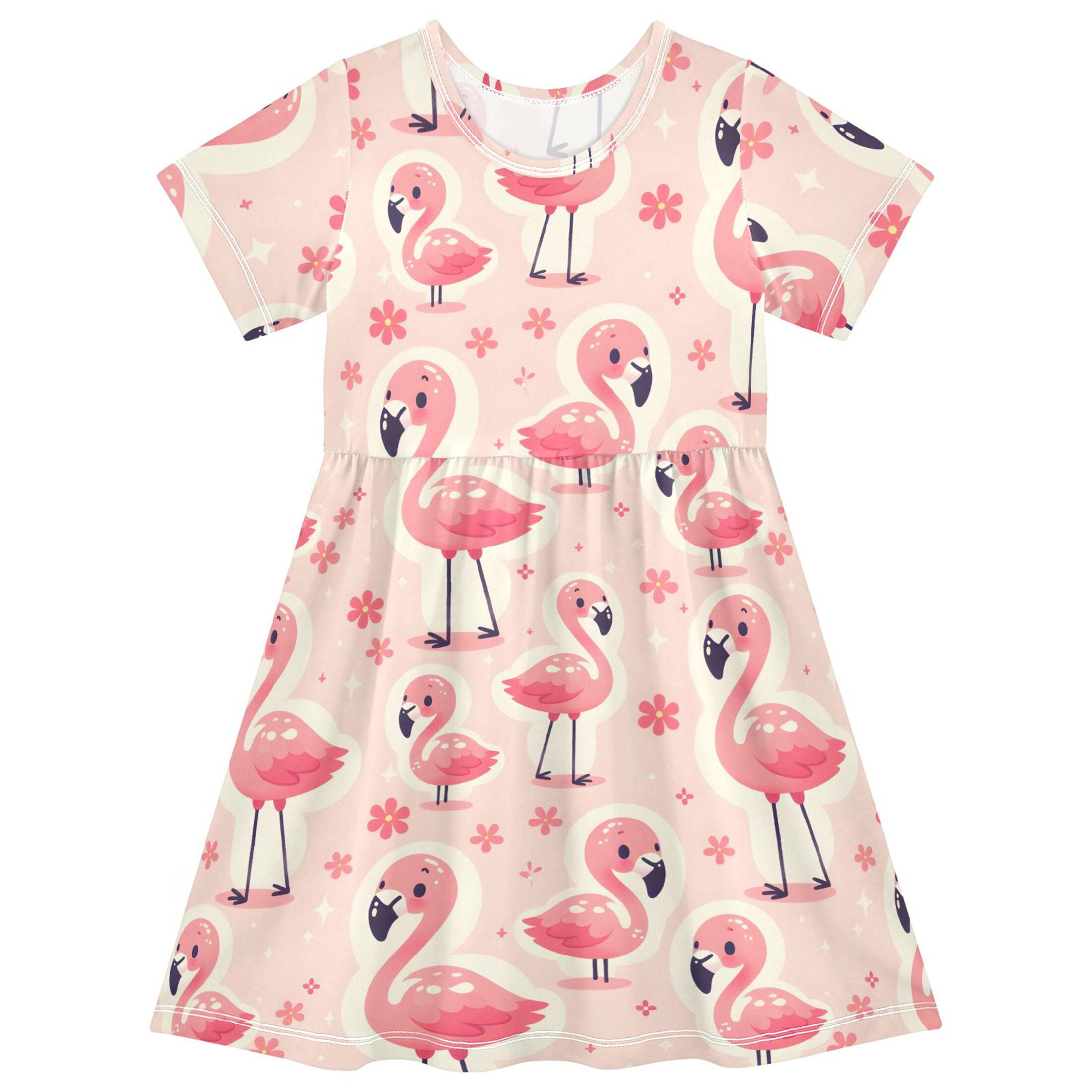 Cute Flamingo Overlay Image Short Sleeve Dress A-Line Cute Midi Casual ...