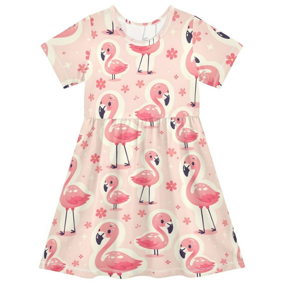 Cute Flamingo Overlay Image Short Sleeve Dress A-Line Cute Midi Casual ...