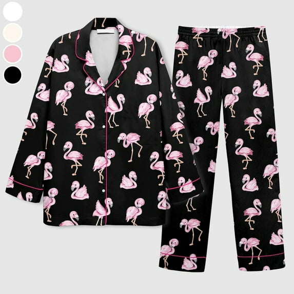 Cute Flamingo Pattern Satin Pajama Set | Lightweight Button-Up ...